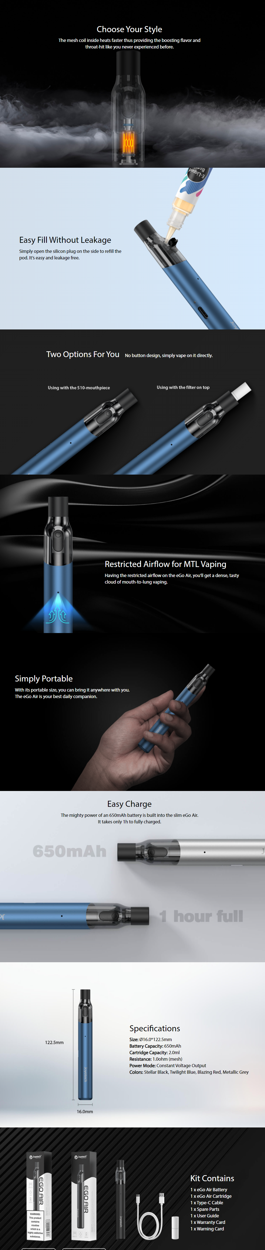 Joyetech eGo Air Kit Price £12.99 Pod System Kit 650mAh