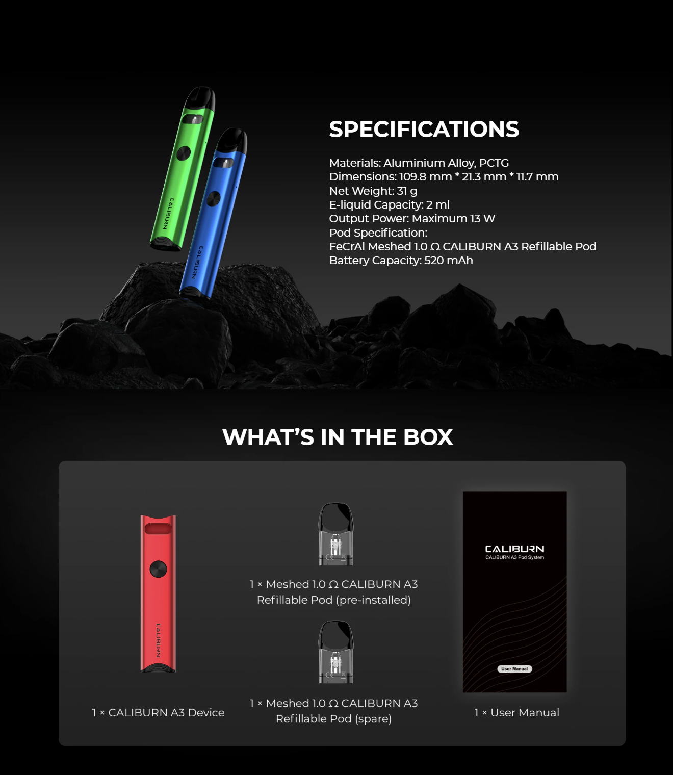Uwell Caliburn A3 Pod Kit 520mAh 13W UK Sale