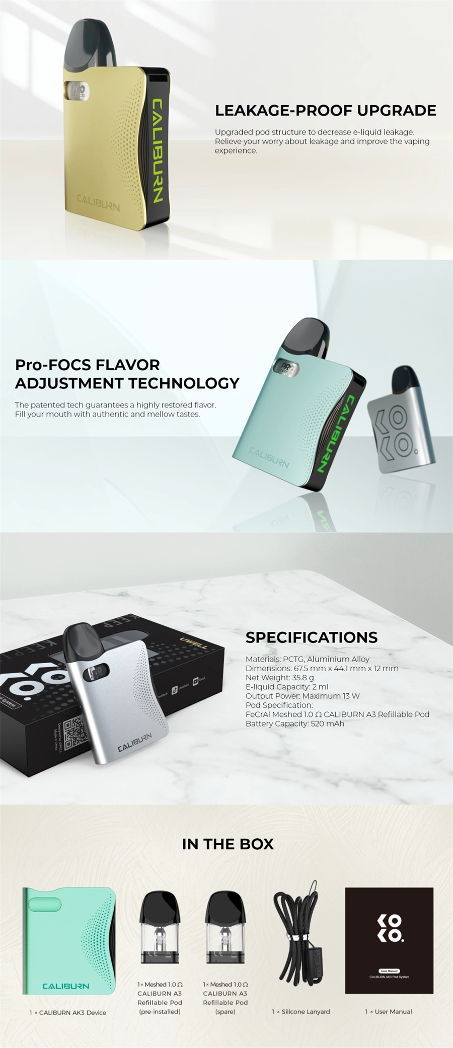 Best Uwell Caliburn AK3 Kit Pod Vape 520mAh 13W In Stock