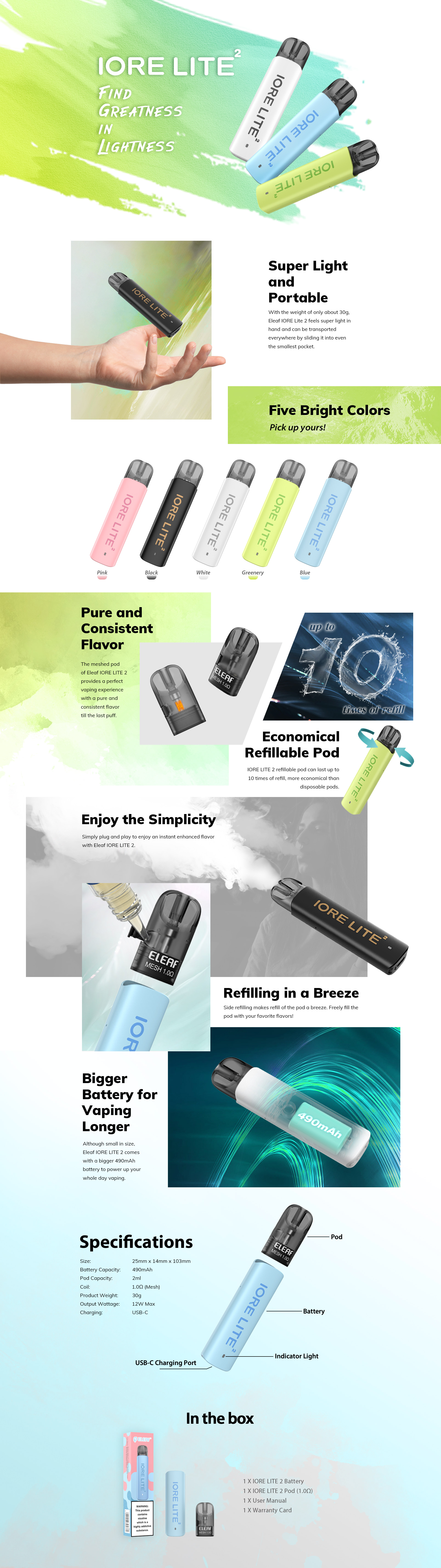 UK Store Eleaf IORE LITE 2 Kit Pod Vape 490mAh 2ml